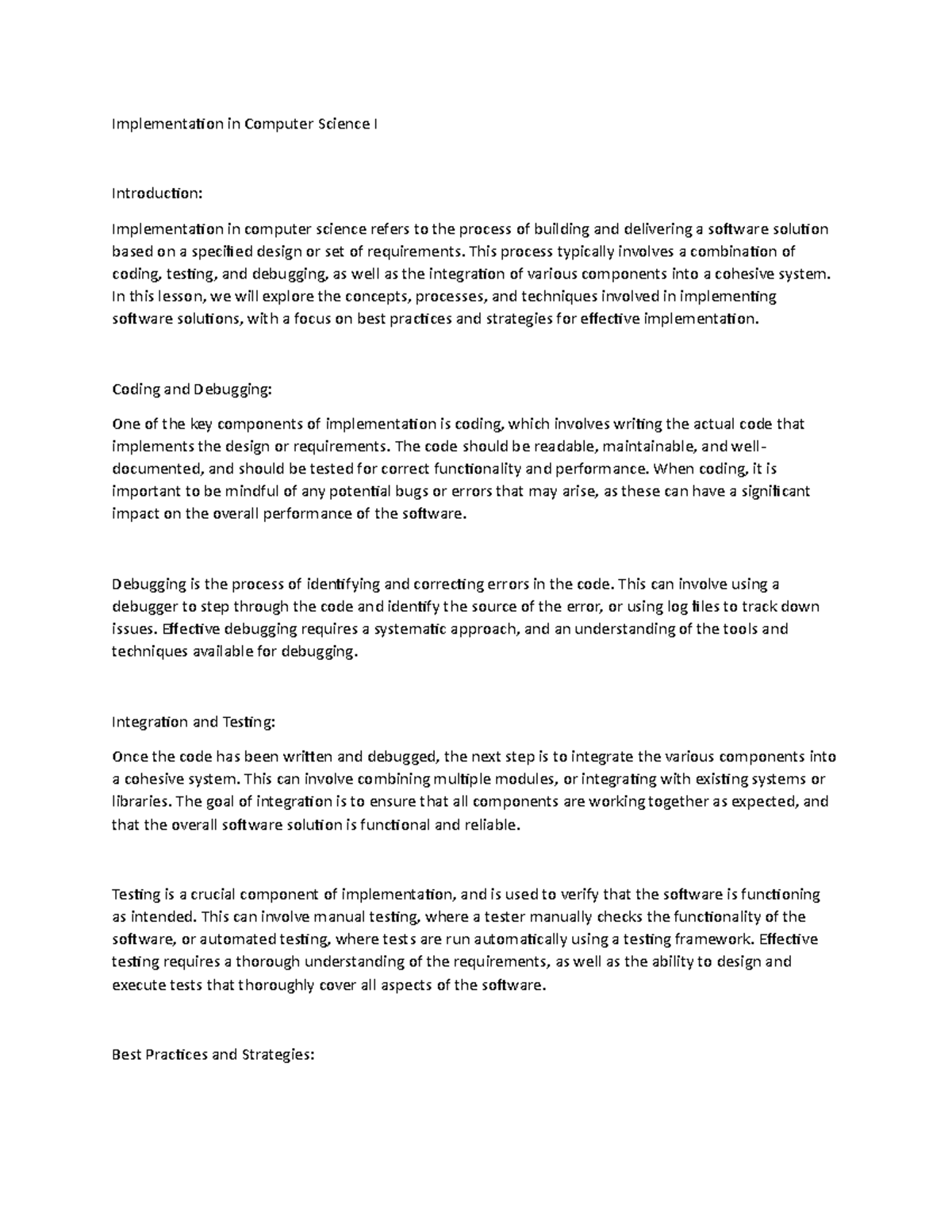 Implementation in Computer Science I - Implementation in Computer ...