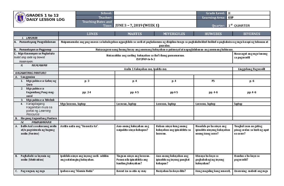DLL ESP 2 Q1 W1 - Basic lesson plan - GRADES 1 to 12 DAILY LESSON LOG ...