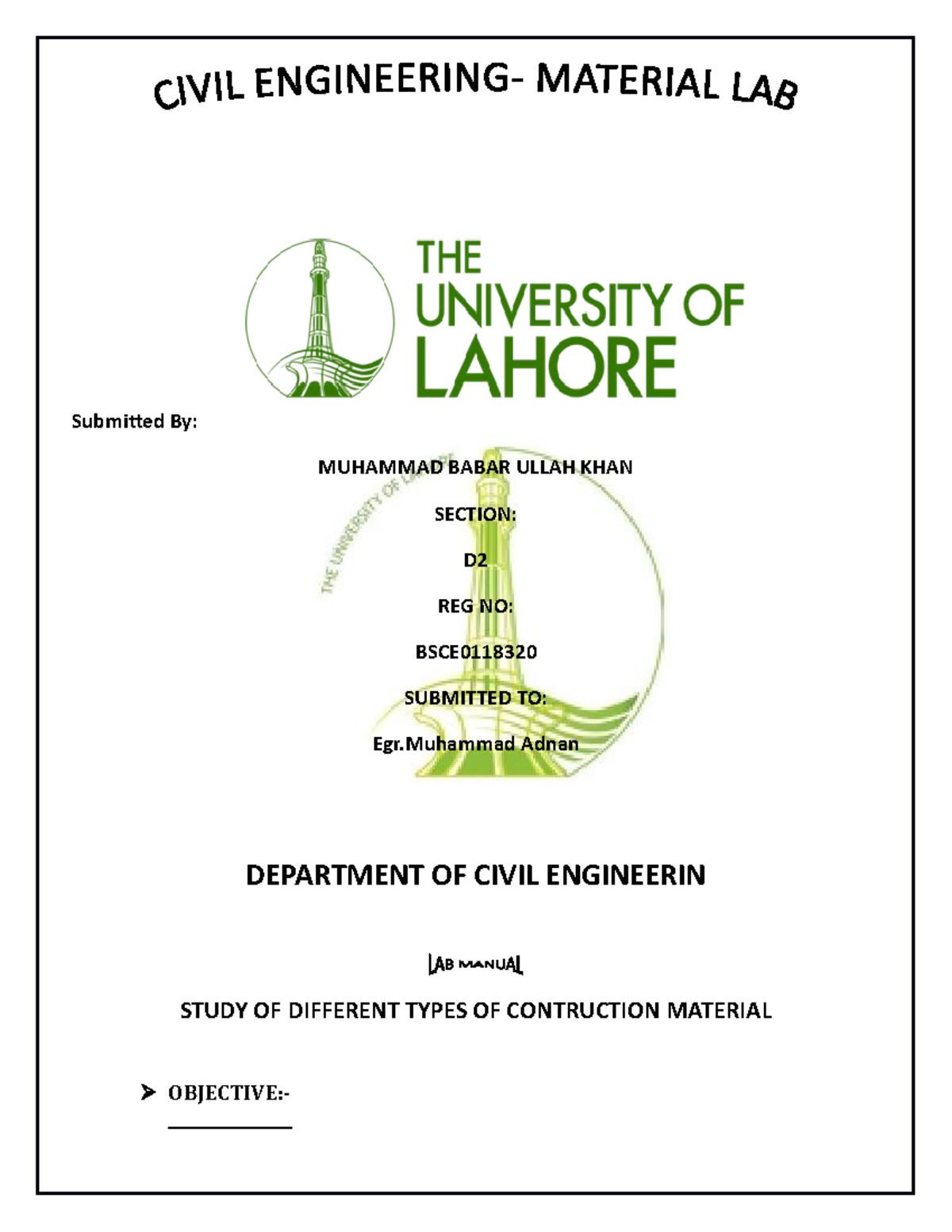 Determination Of Fineness Modulus Of Coarse Aggregate Submitted By Muhammad Babar Ullah Khan