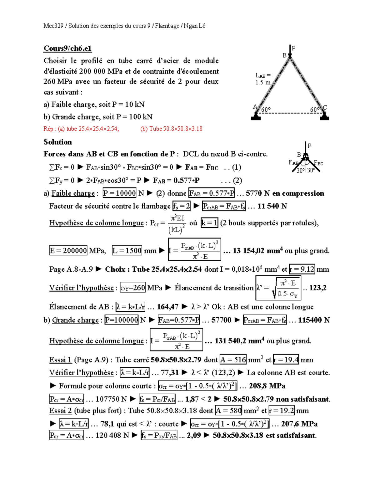 Solution Cours 9-Chapitre 6-Flambage - Cours9/ch6 Choisir le profilé en ...
