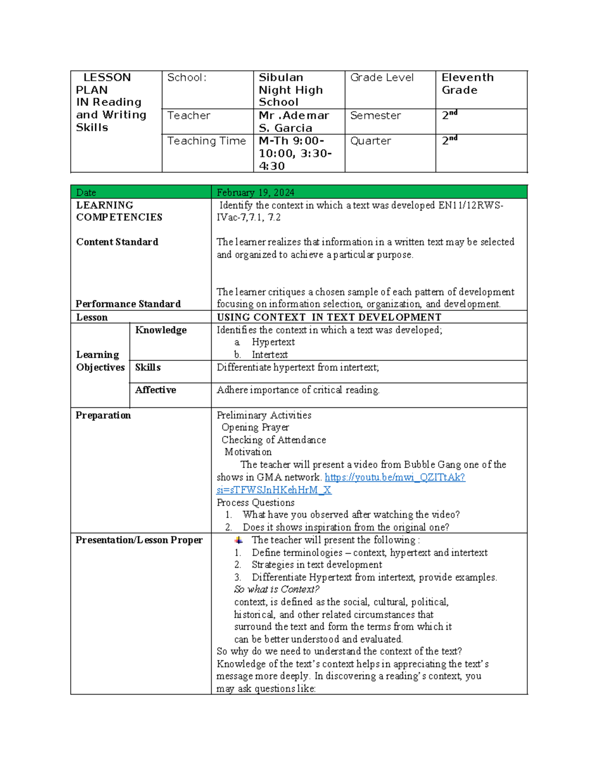 Lesson PLAN in Reading AND Writing - LESSON PLAN IN Reading and Writing ...