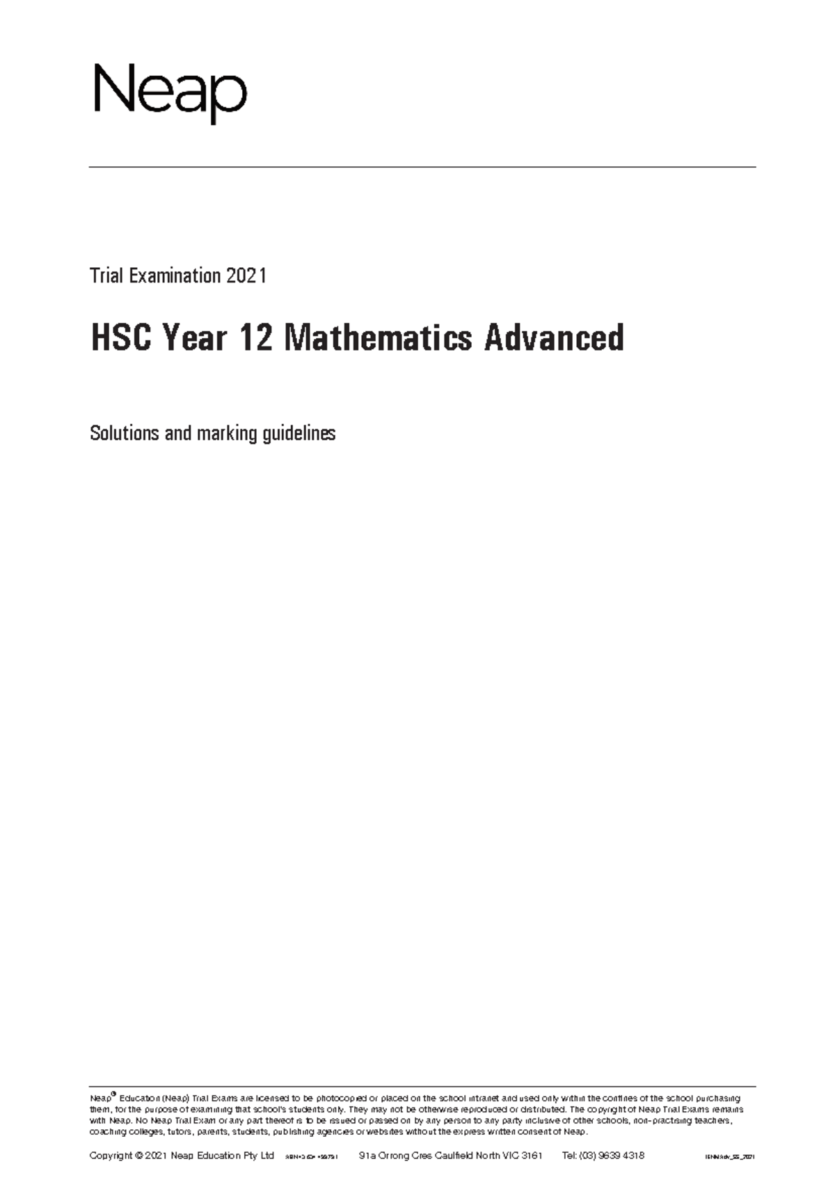 HSC Mathematics Advanced Year 12 Mock Trial Solutions 2021 - Neap ...