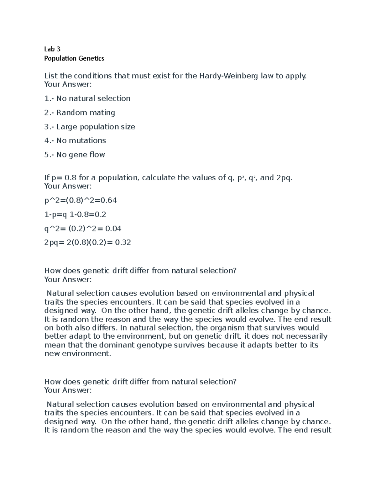 Lab 3 Population Genetics - Lab 3 Population Genetics List the conditions that must exist for ...