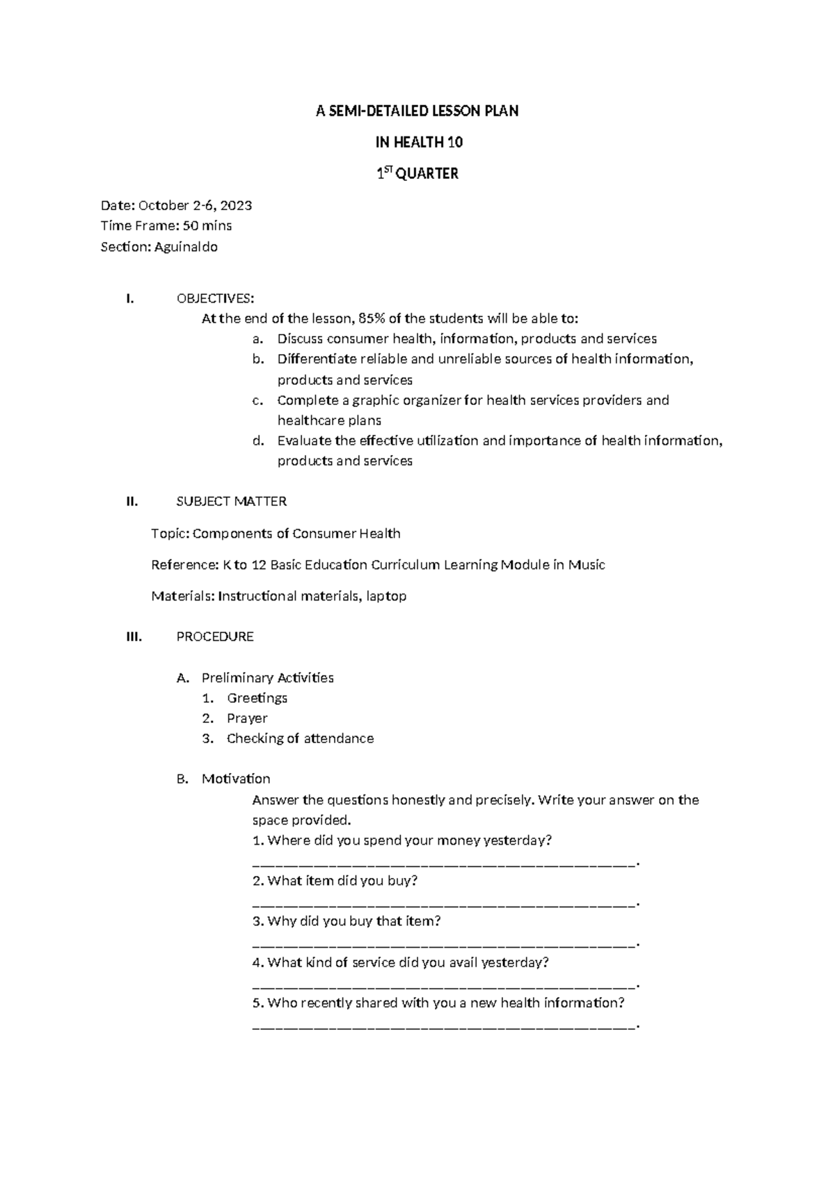 LP Health WEEK 5 - LESSON PLAN - A SEMI-DETAILED LESSON PLAN IN HEALTH ...