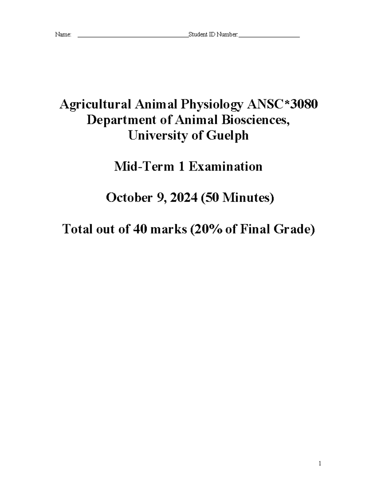 Midterm 1 2024 - Agricultural Animal Physiology ANSC* Department of ...