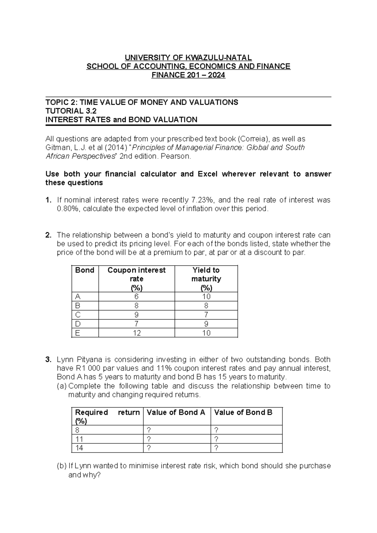 FINA201 Tut 3.2 Questions - UNIVERSITY OF KWAZULU-NATAL SCHOOL OF ...