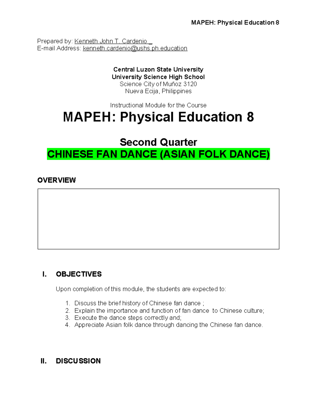 Module 2 IN Asian FOLK Dance - MAPEH: Physical Education 8 Prepared by: Kenneth John T. Cardenio ...