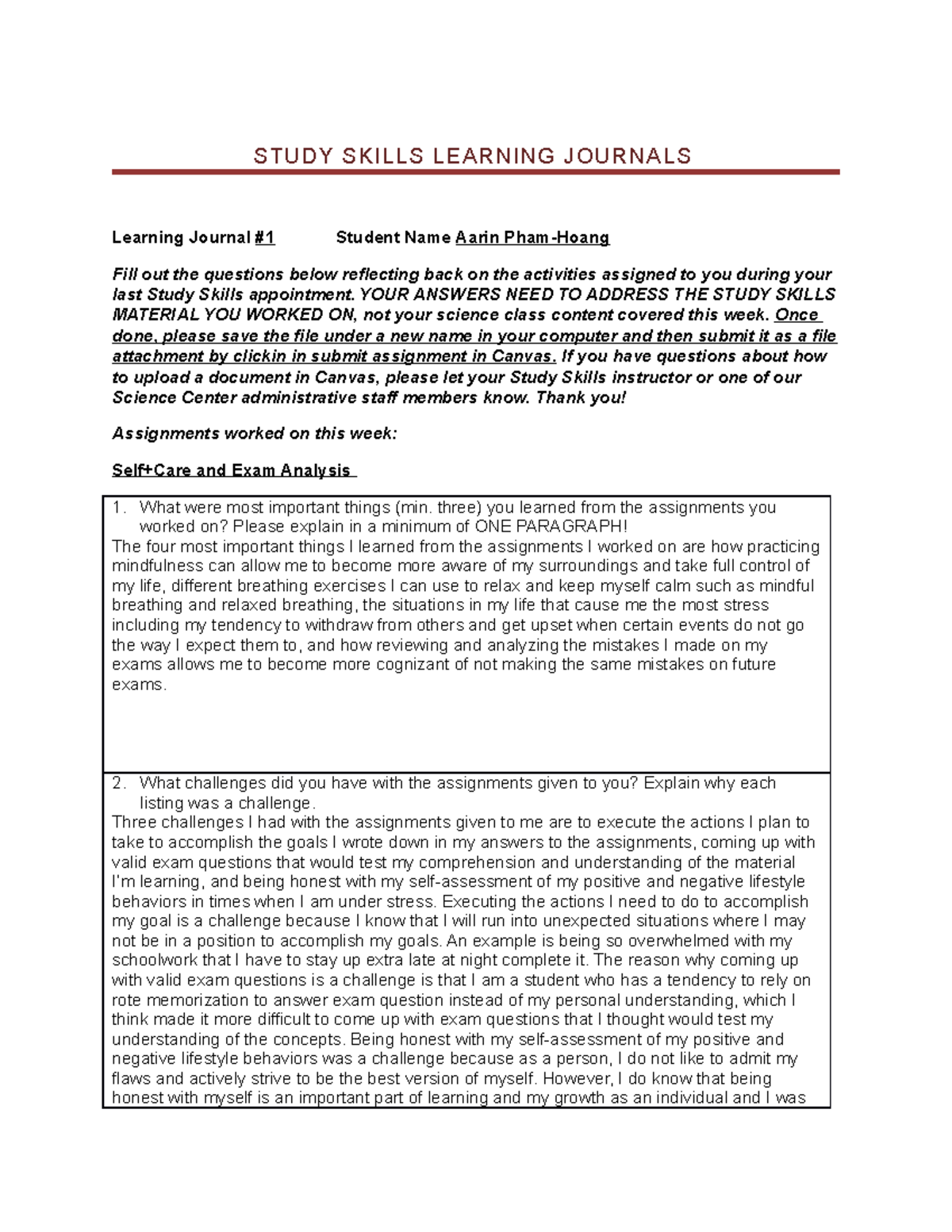 Learning Journal #1 AP-1 - STUDY SKILLS LEARNING JOURNALS Learning ...