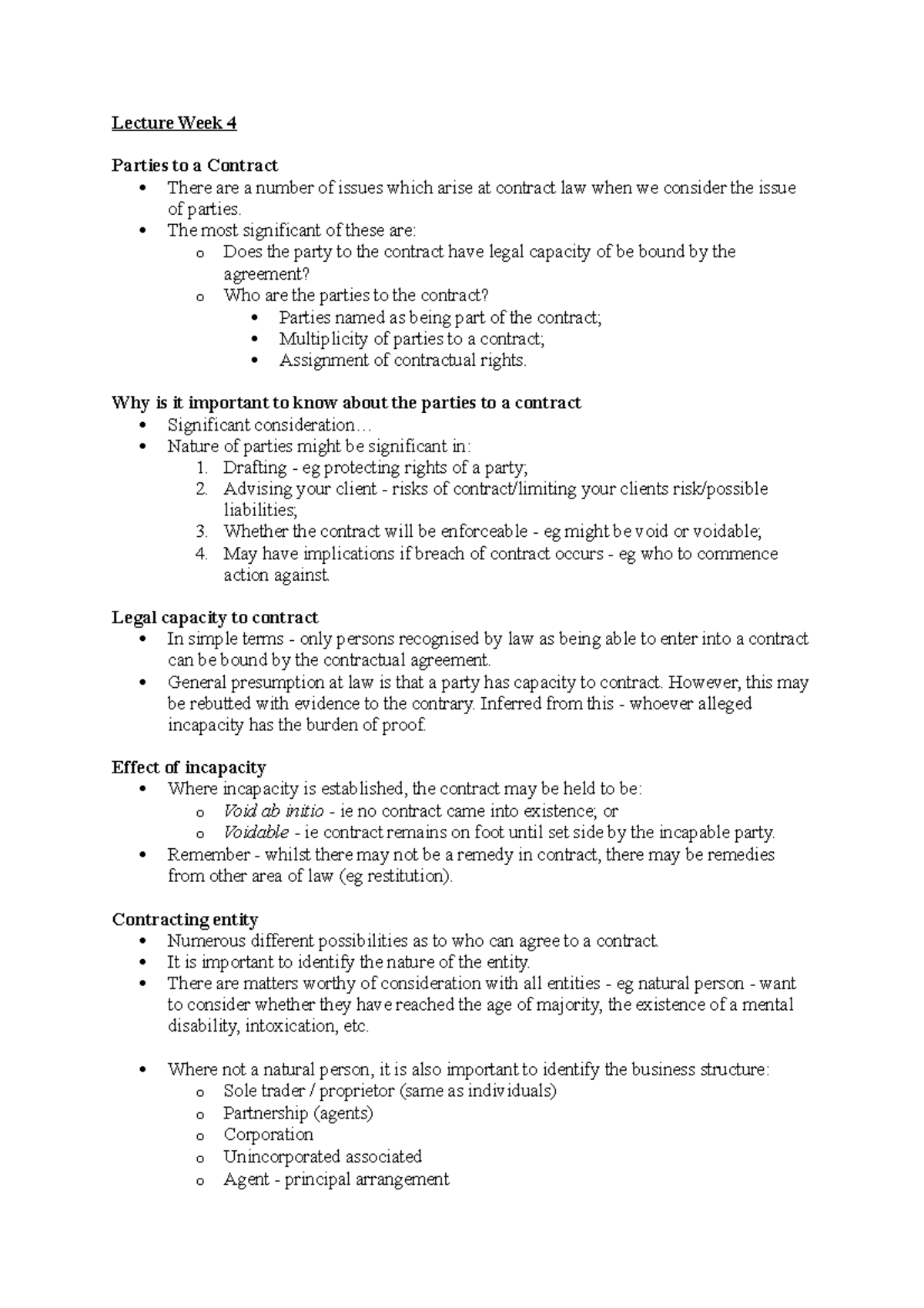 Lecture Week 4 - Scott Pearsall - Lecture Week 4 Parties to a Contract ...