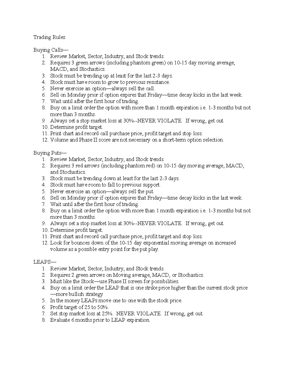 Trading Rules - Trading Rules Buying Calls— 1. Review Market, Sector ...