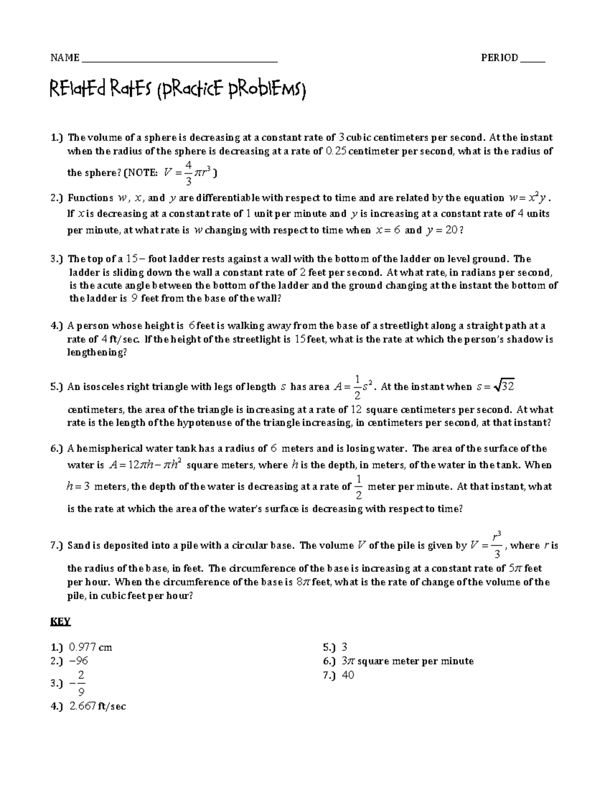 Sect. 2.6 HW - Related rates practice - NAME
