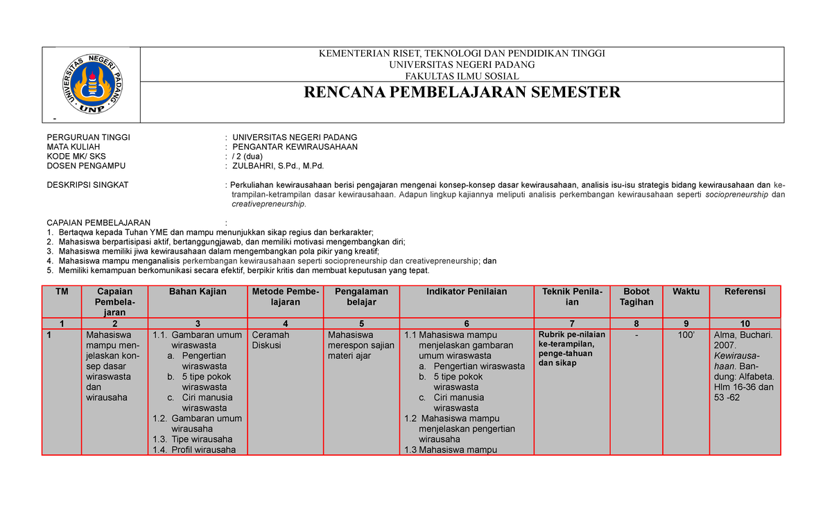 RPS KWU - Sartika Anori, S.Pd., M.Pd. - KEMENTERIAN RISET, TEKNOLOGI DAN PENDIDIKAN TINGGI - Studocu