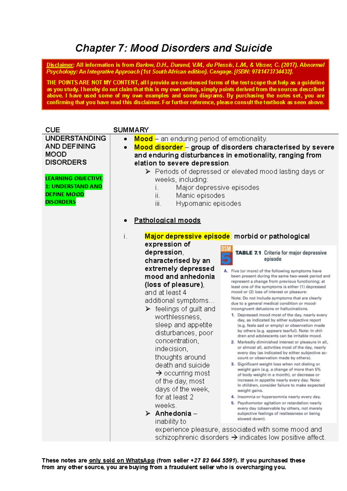 Adult Psychopathology Ch. 7 - Mood Disorders and Suicide - These notes ...