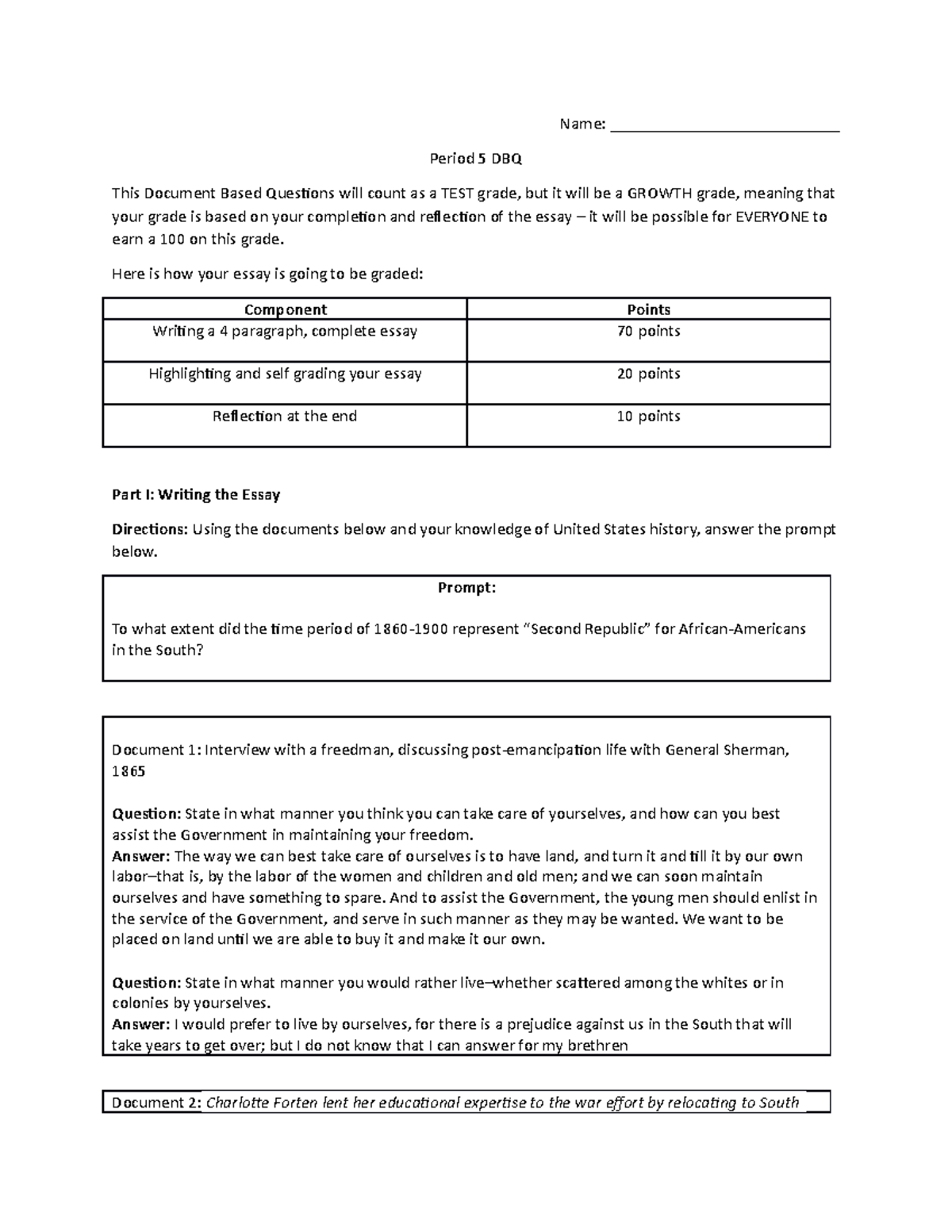 Period 5 DBQ - Document Based Question (DBQ) example for AP test - Name
