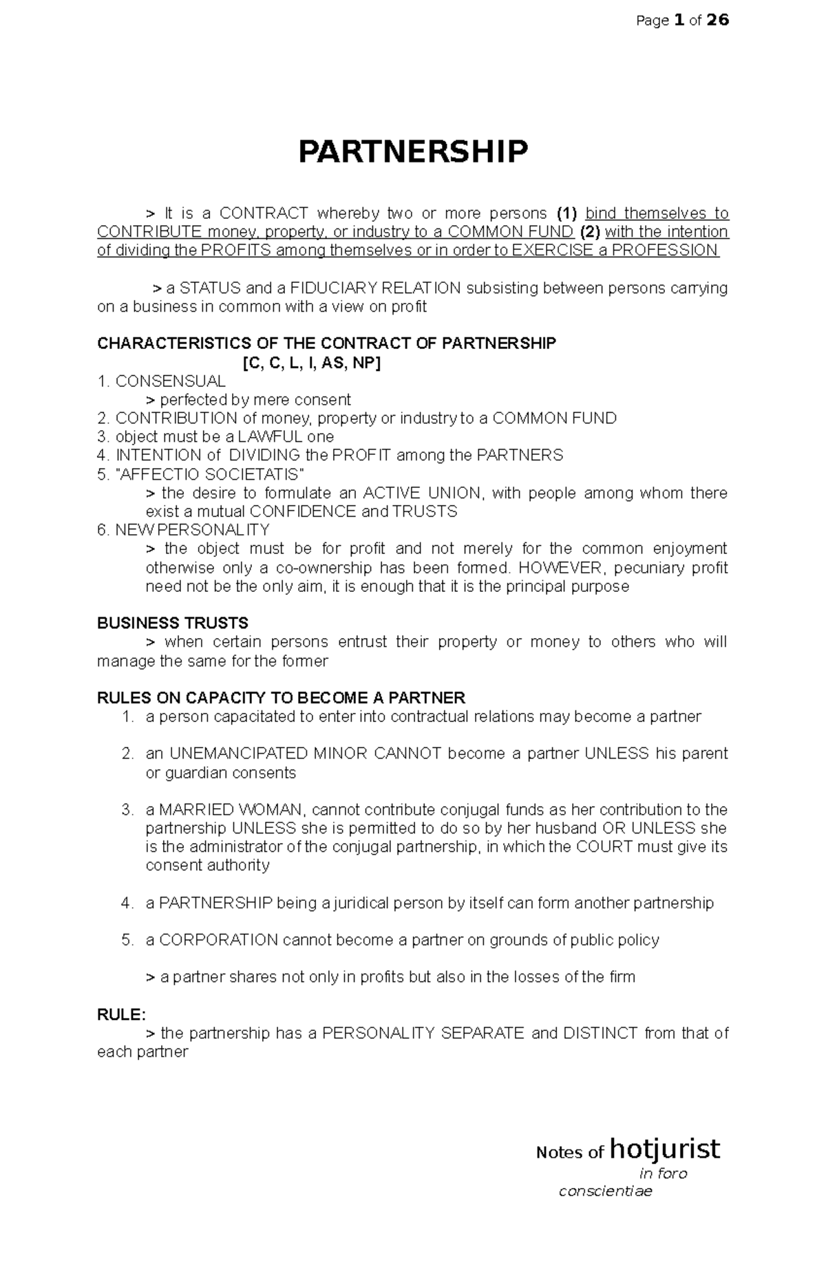 LAW ON Partnership - PARTNERSHIP It is a CONTRACT whereby two or more ...