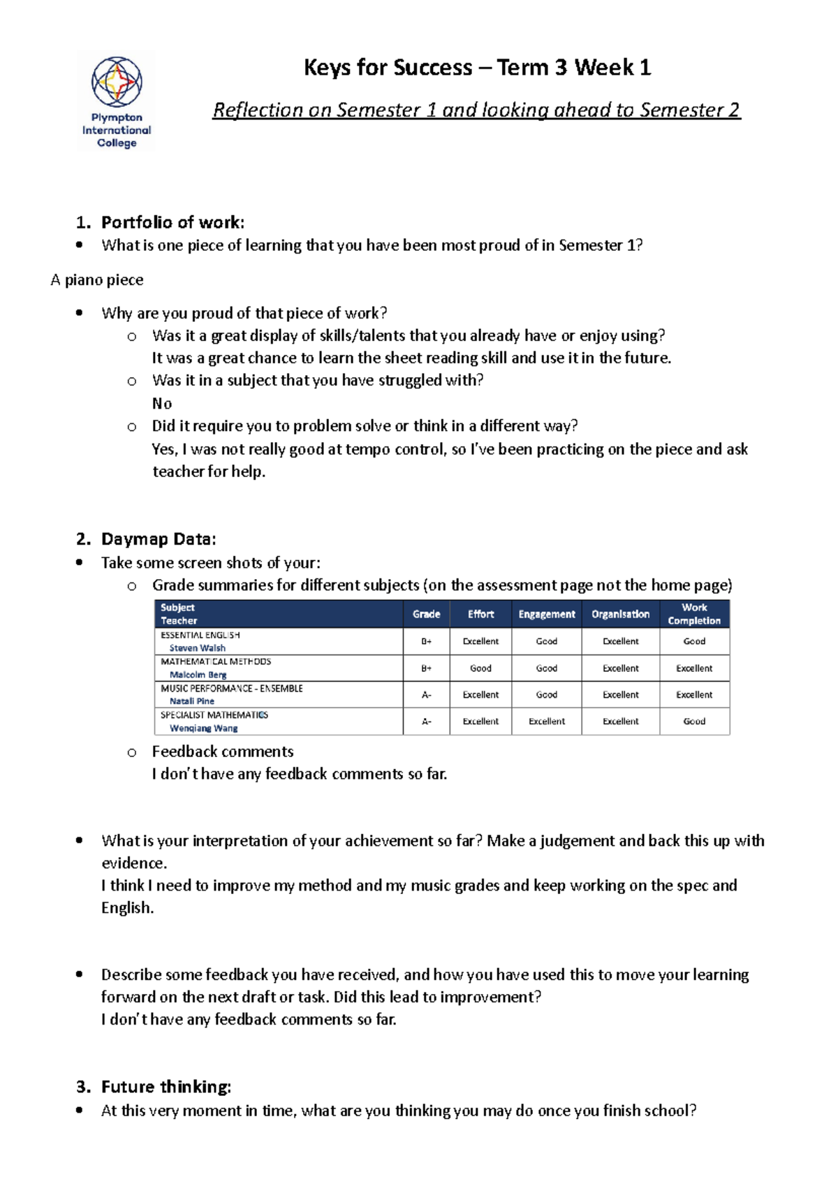 Semester 1 Reflection and Semester 2 planning - Keys for Success – Term ...