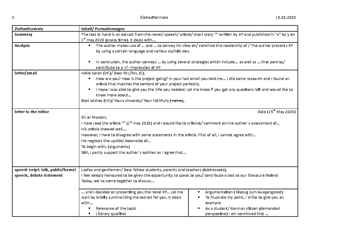 Englisch Abitur 2022 Text Types/ Textarten Formulierungen - AFG - Studocu