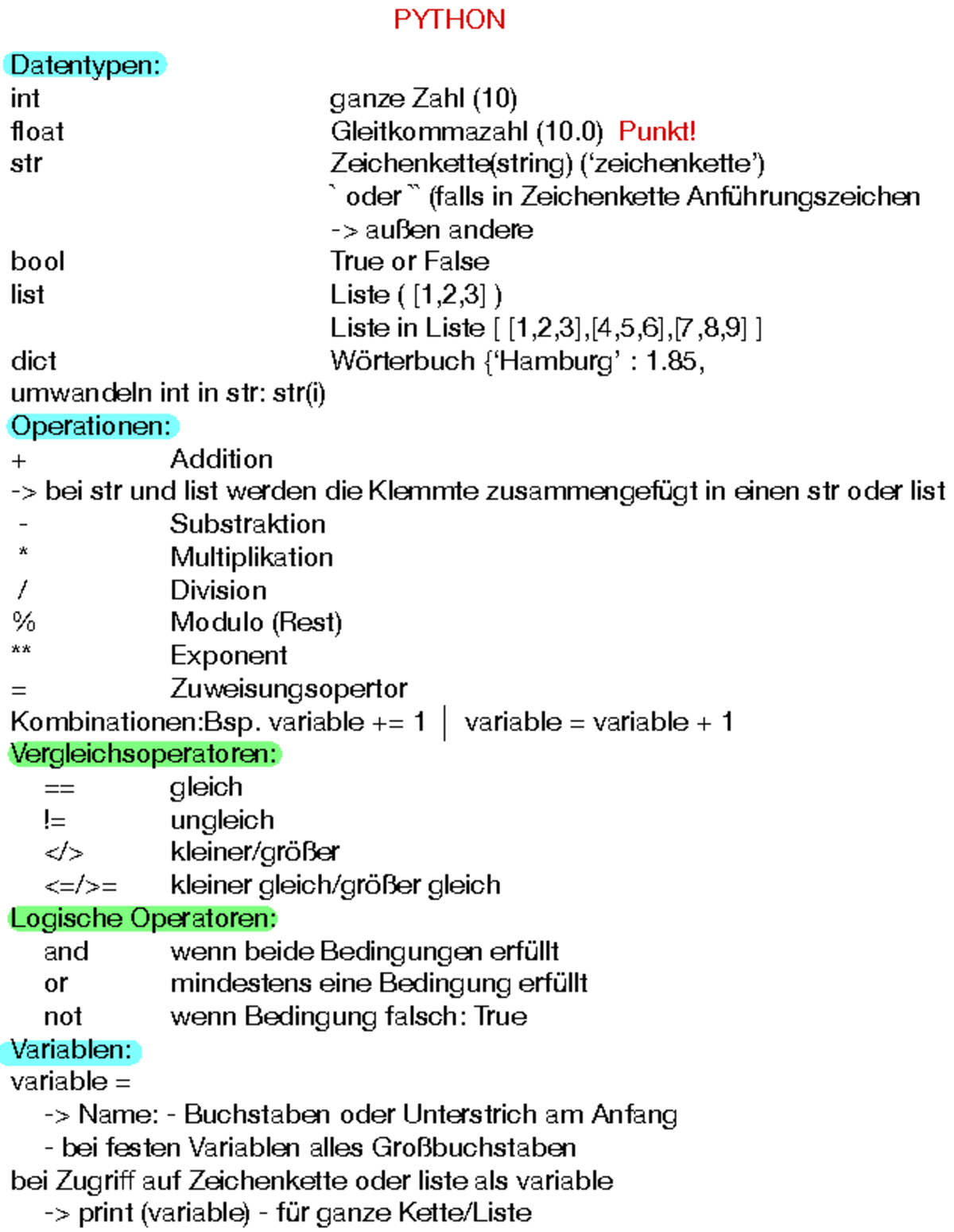 Zusammenfassung Rechnerpraktikum - PYTHON Datentypen: int ganze Zahl ...