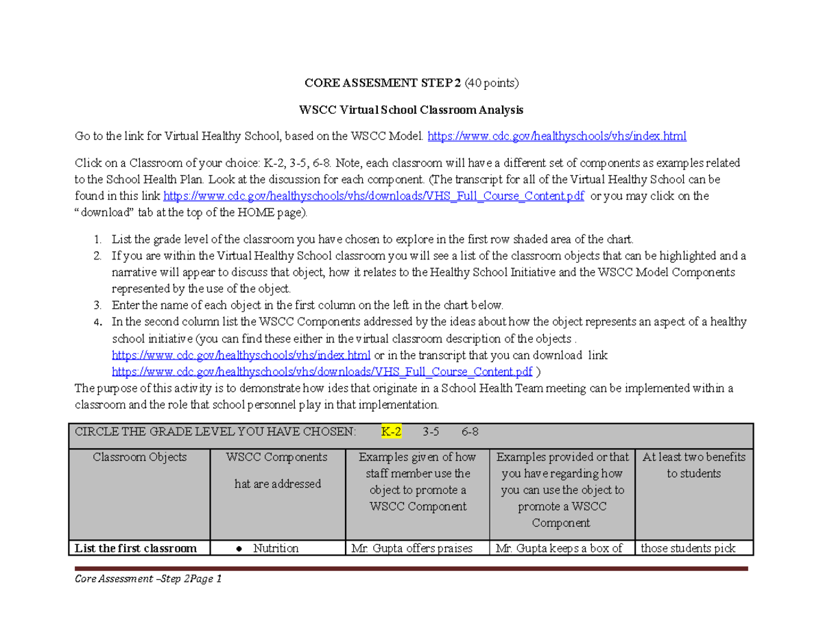 Core Assessment Step 2 - CORE ASSESMENT STEP 2 (40 points) WSCC Virtual ...