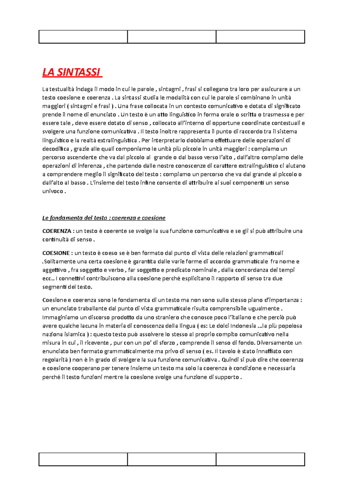 OFA - Lingua italiana (LLSM) Sintassi - LA SINTASSI La testualità ...