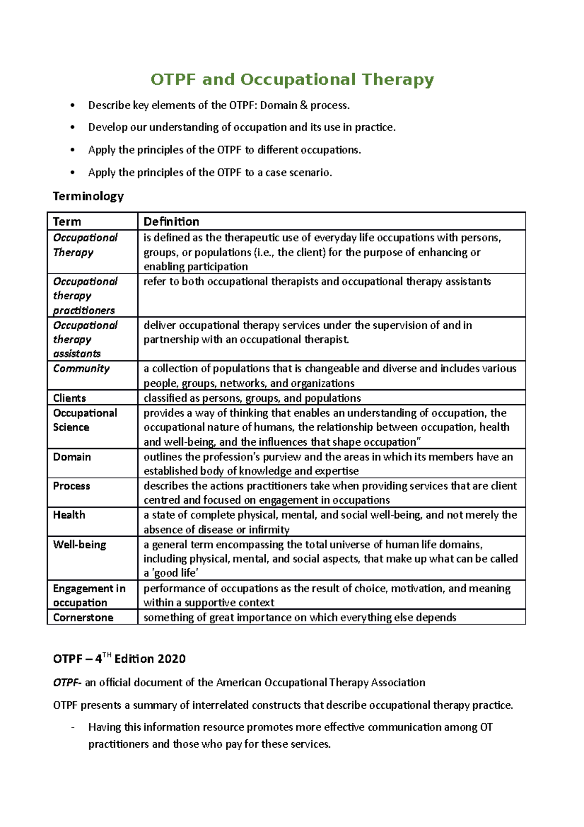 OTPF - thing - OCCT1201 - UoN - Studocu