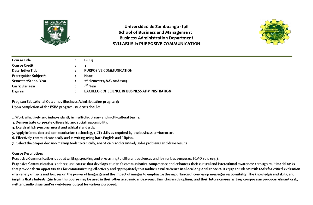 Syllabus in Purposive Communication - Universidad de Zamboanga Ipil ...
