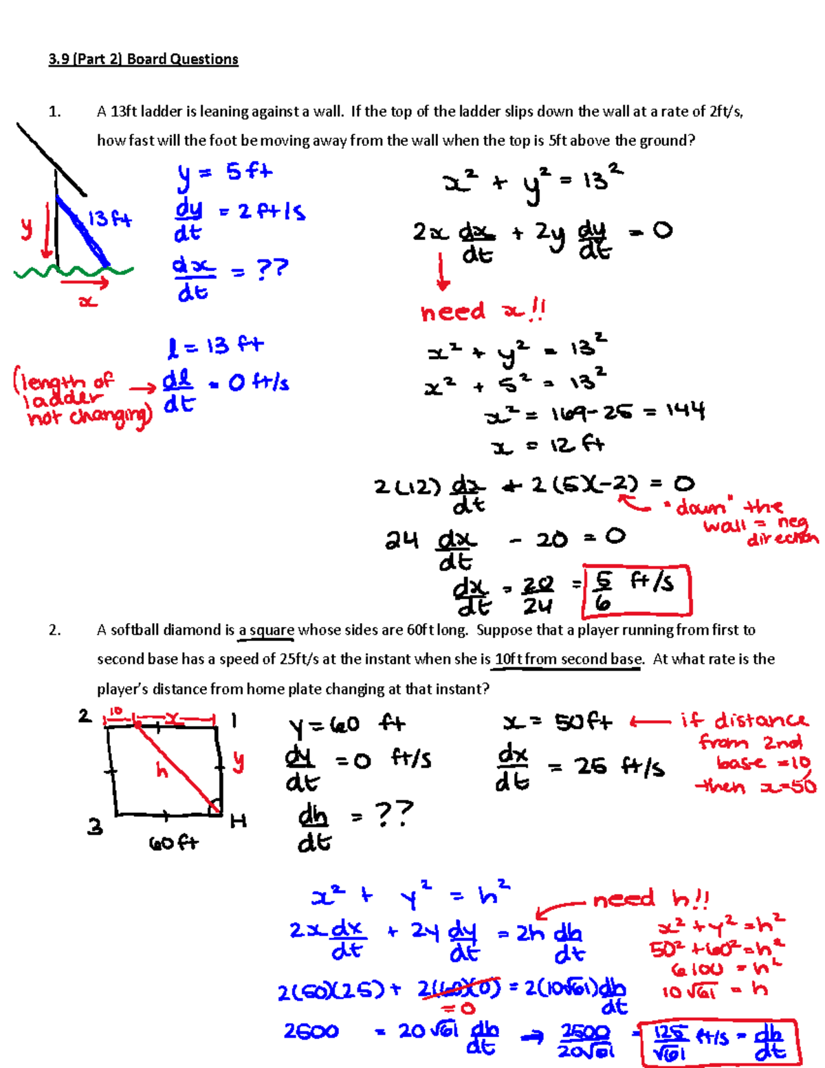 Calculus 3.9 questions - 3 (Part 2) Board Questions A 13ft ladder is ...