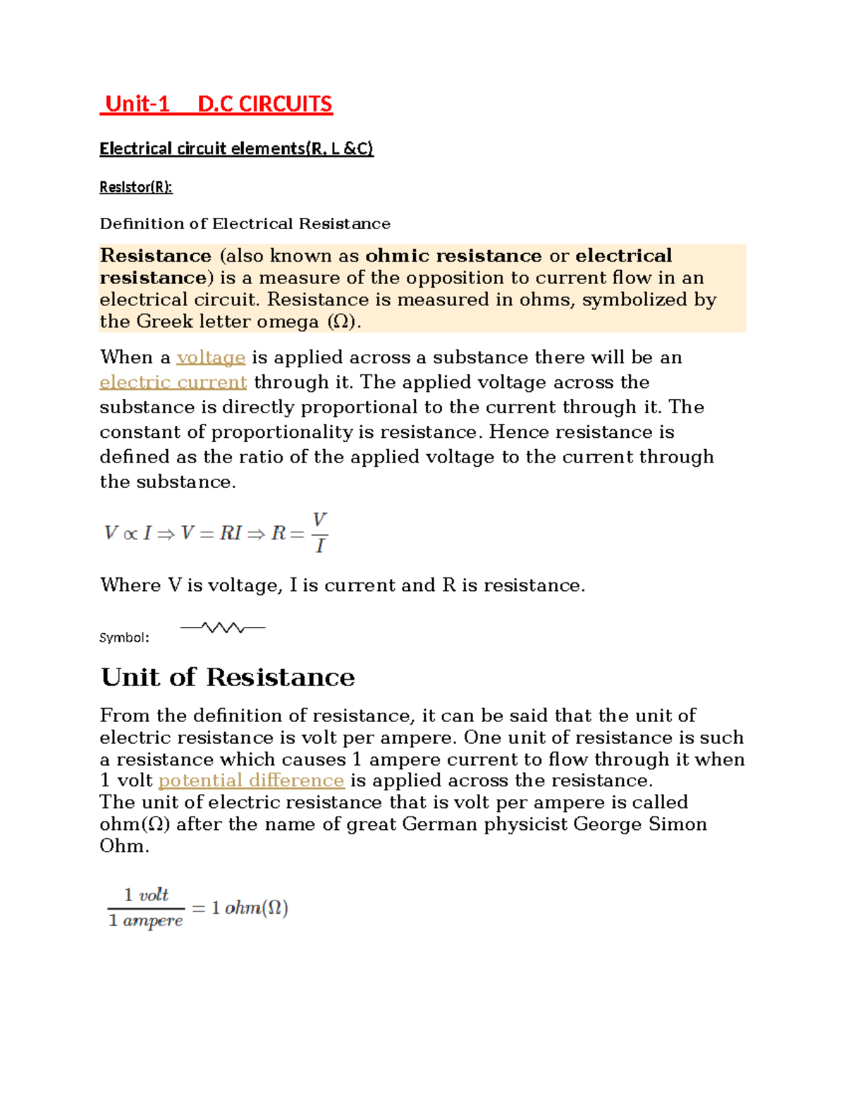 BEE UNIT-1 - Bee notes from 1st yr - Unit-1 D CIRCUITS ...