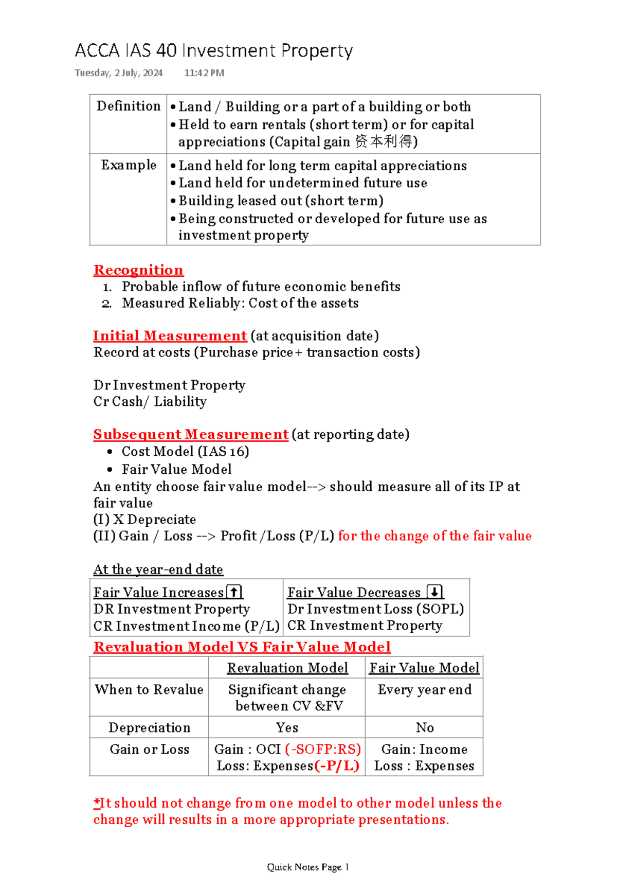 ACCA IAS 40 Investment Property - Definition • Land / Building or a ...