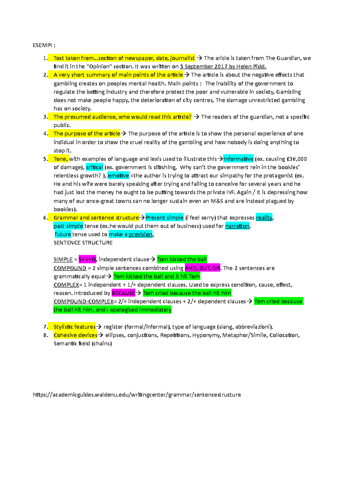 TEXT Analysis Inglese - ESEMPI : - Studocu