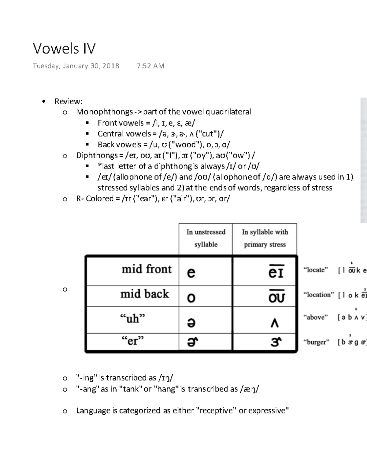 Vowels IV - Lecture notes 12 - Review: Monophthongs -> part of the ...