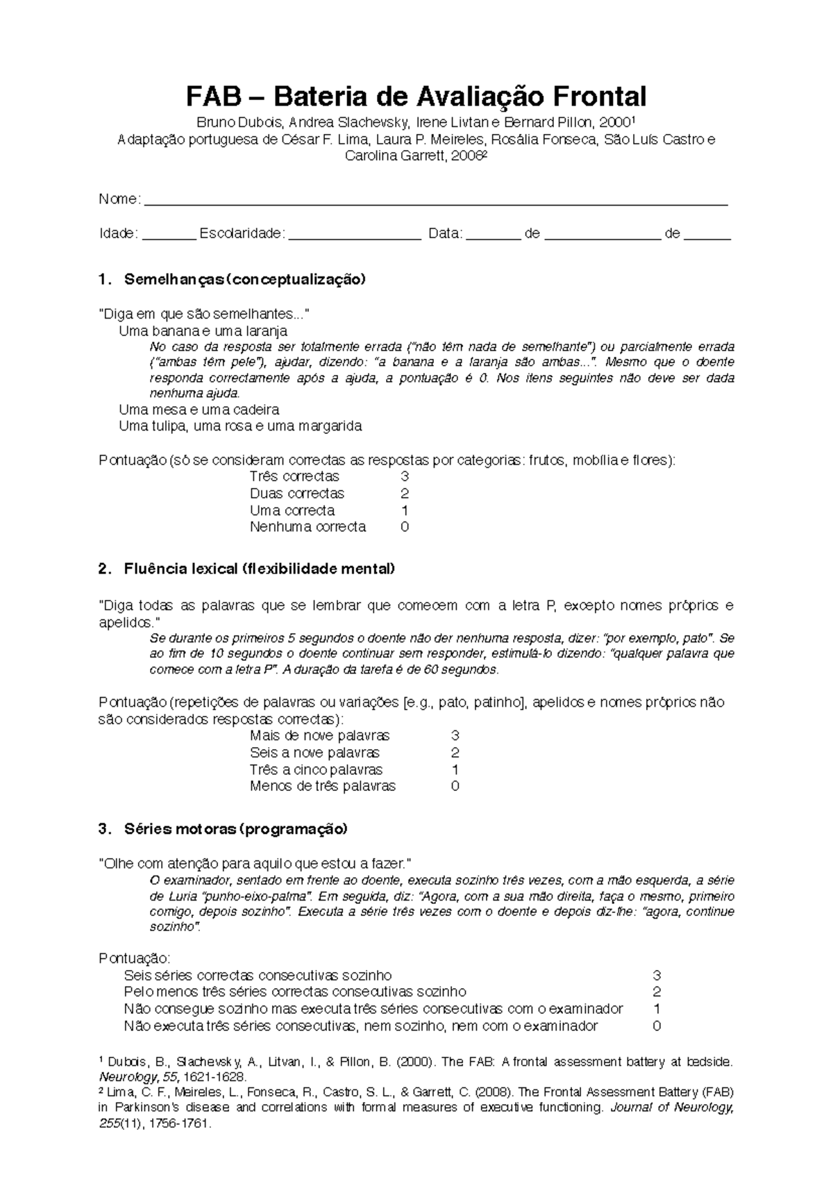 FAB vportuguesa - FAB – Bateria de Avaliação Frontal Bruno Dubois ...