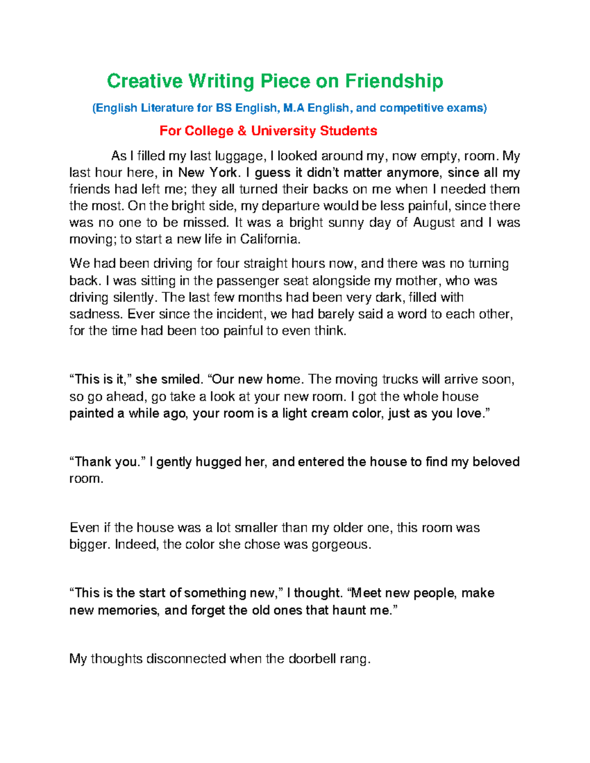 Creative Writing Piece on Friendship - Creative Writing Piece on ...