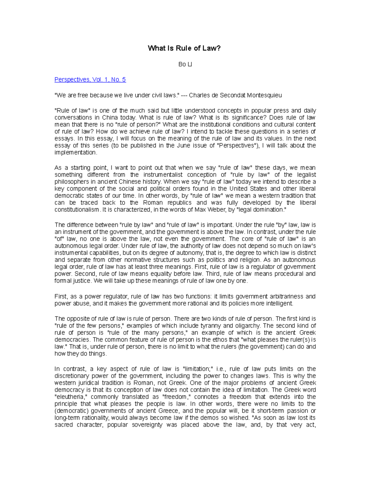 The Rule of Law - Essay 2 (foreign author) - What Is Rule of Law? Bo LI ...