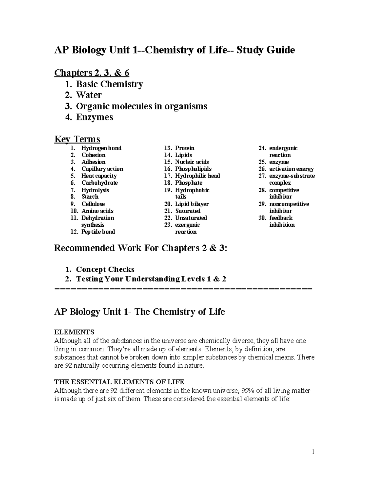 AP Bio Unit 1 Packet The Chemistry of Life 2022 - AP Biology Unit 1 ...
