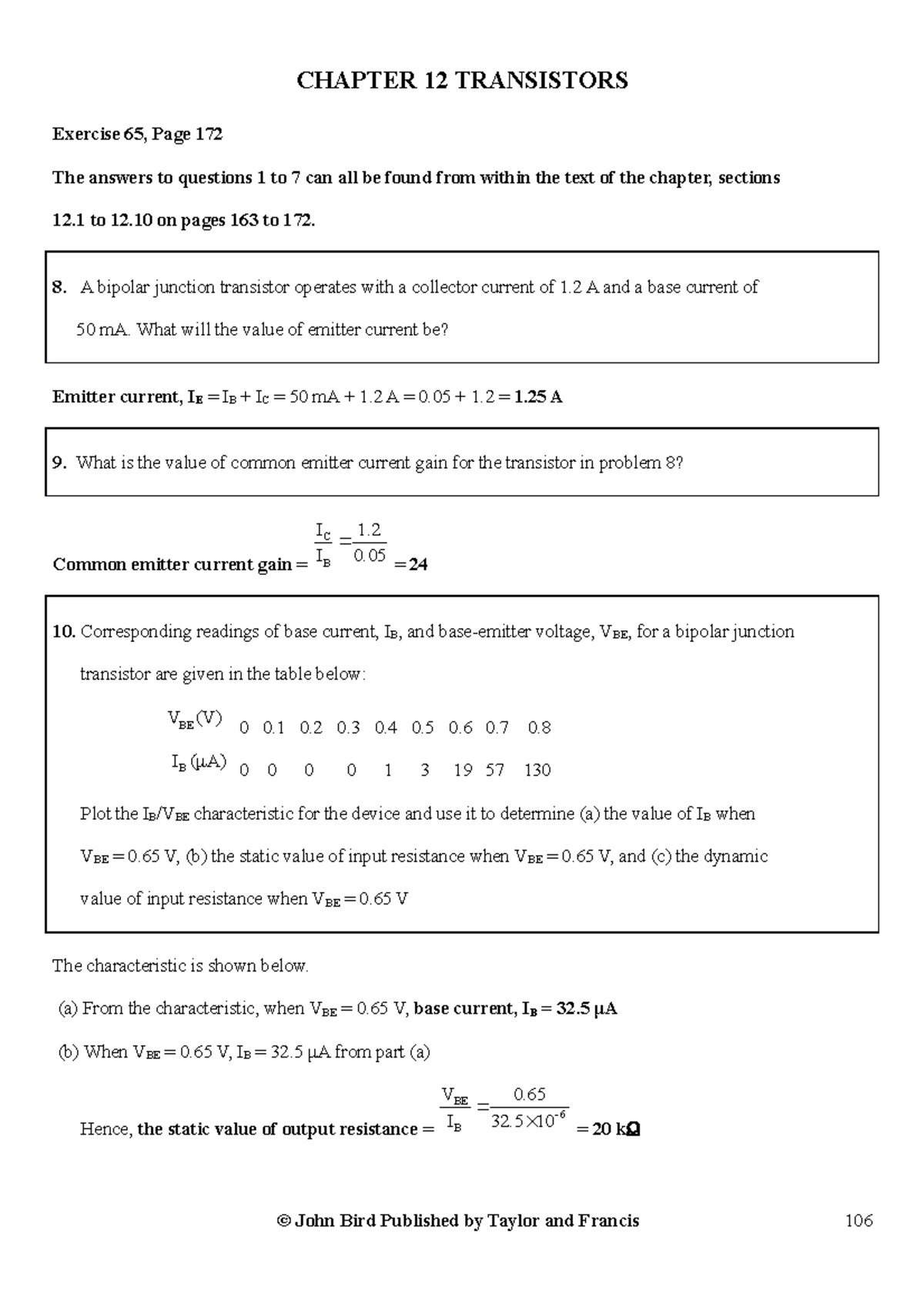 Chapter 12 - CHAPTER 12 TRANSISTORS Exercise 65, Page 172 The answers ...