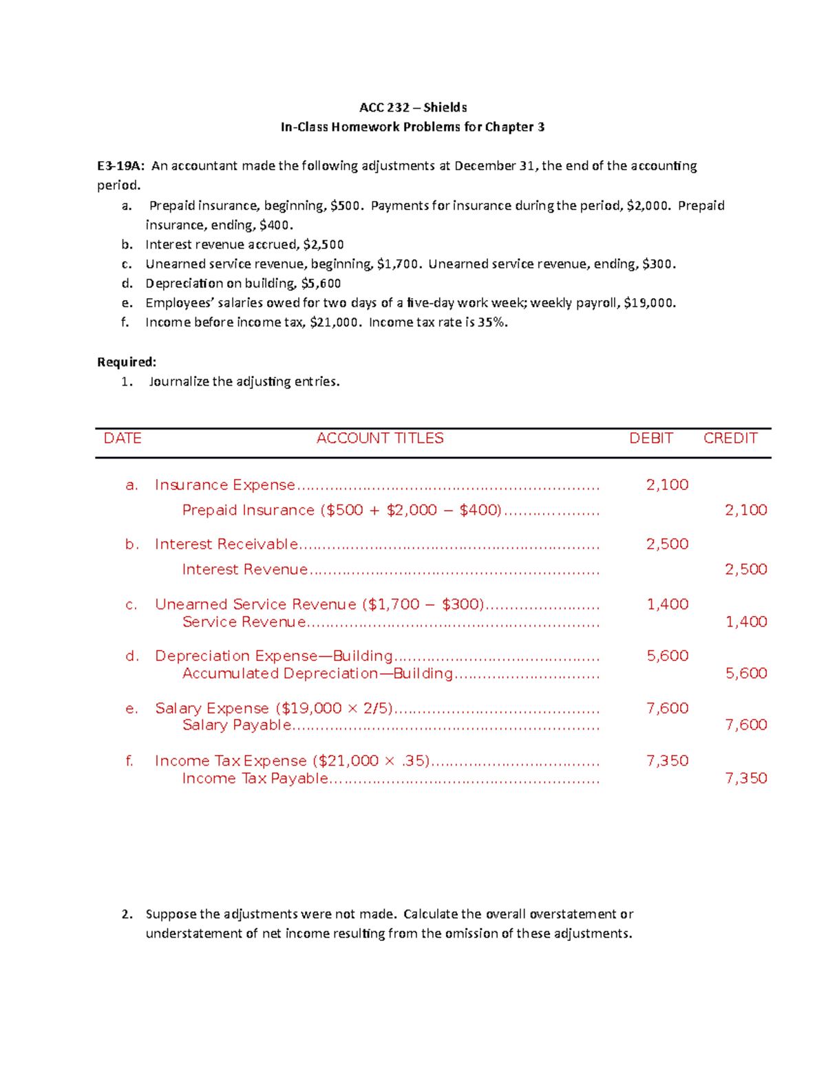 Chapter 3 in-class problems KEY-1 - ACC 232 – Shields In-Class Homework ...