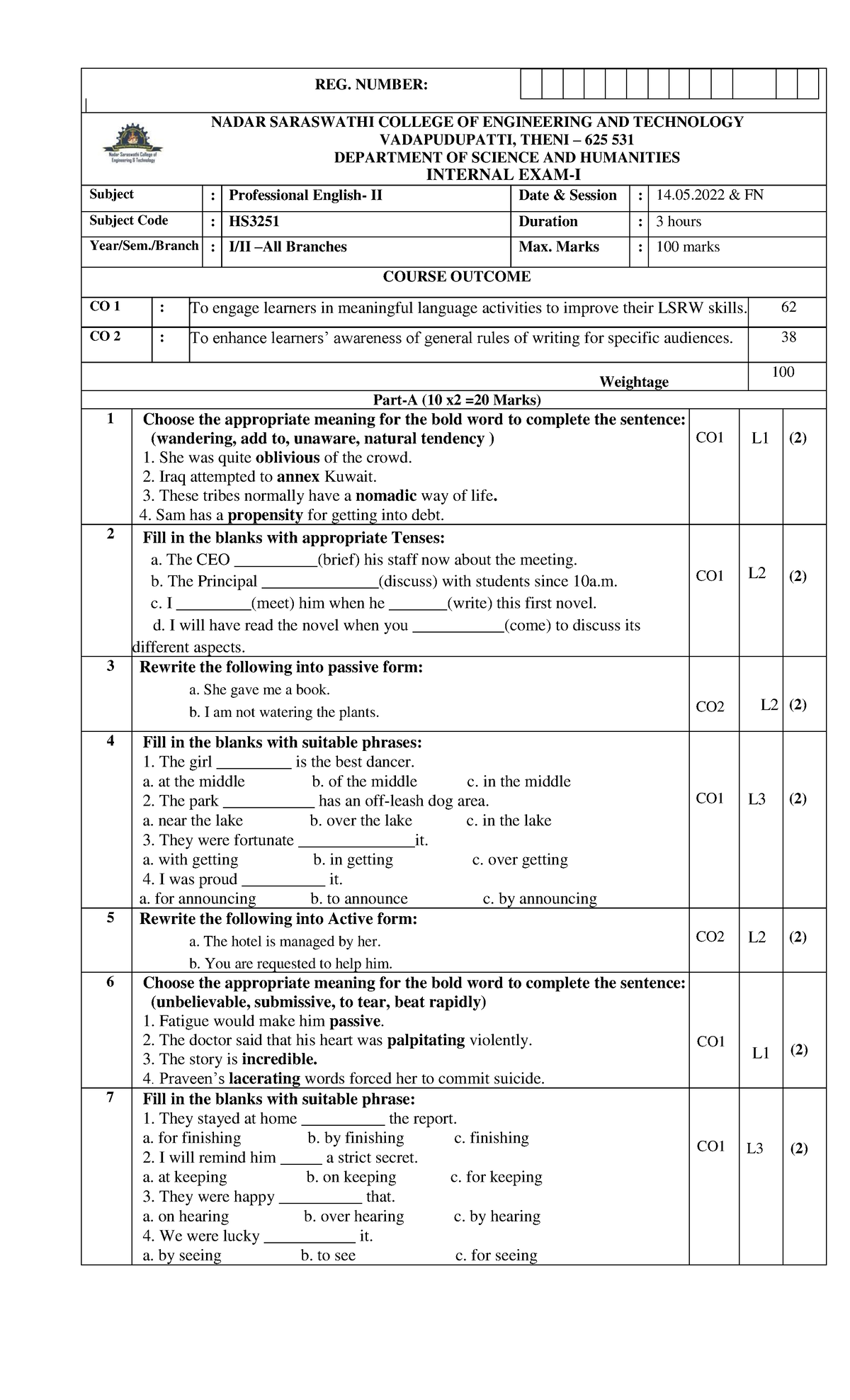 Professional English 2 QP - Int 1 - REG. NUMBER: NADAR SARASWATHI ...