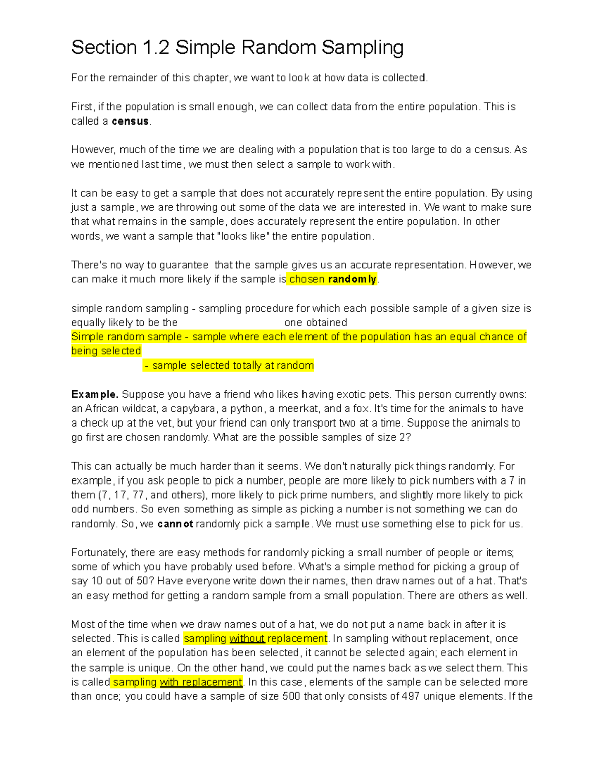 Stats Notes 2 - Section 1 Simple Random Sampling For the remainder of ...