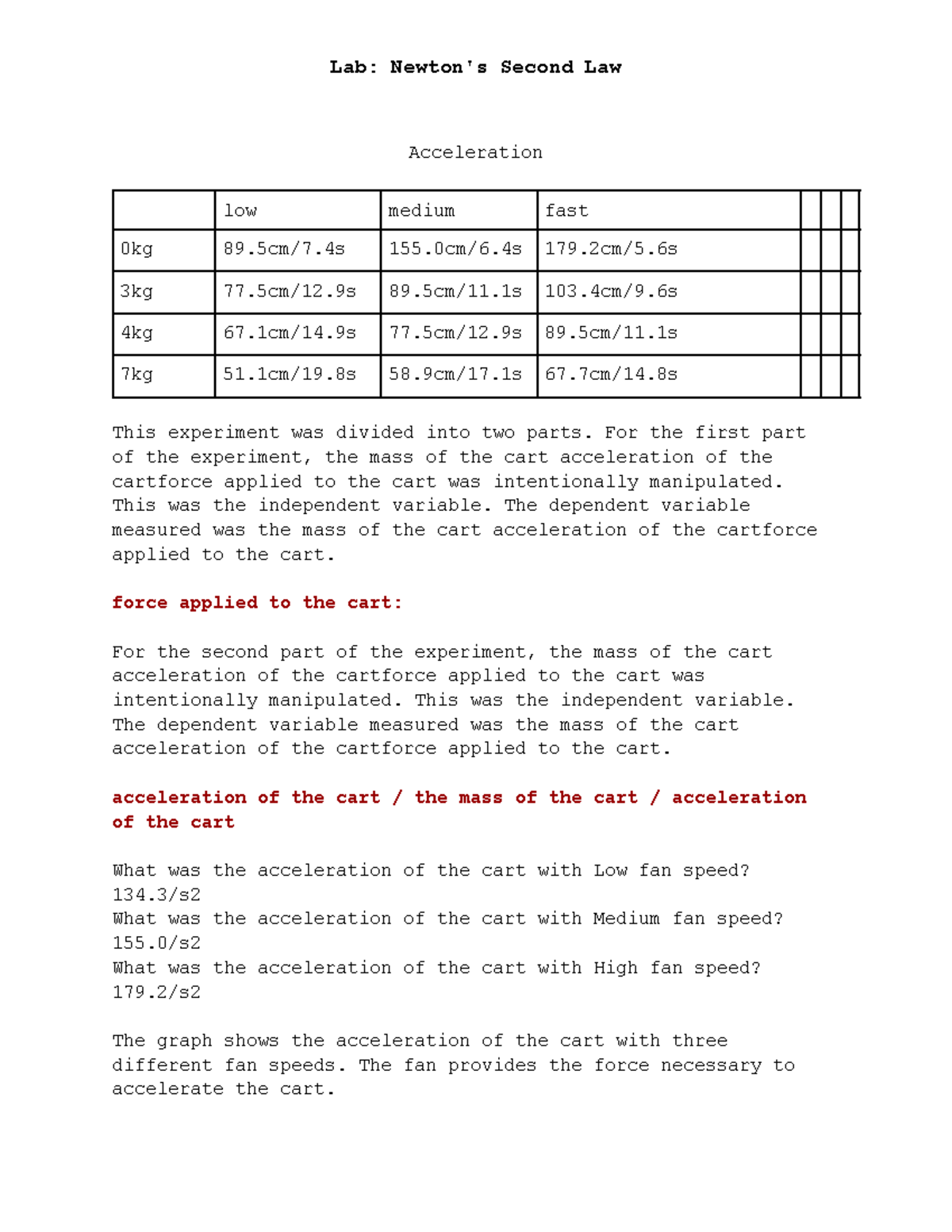 mass lab report - Lab: Newton's Second Law Acceleration low medium fast ...