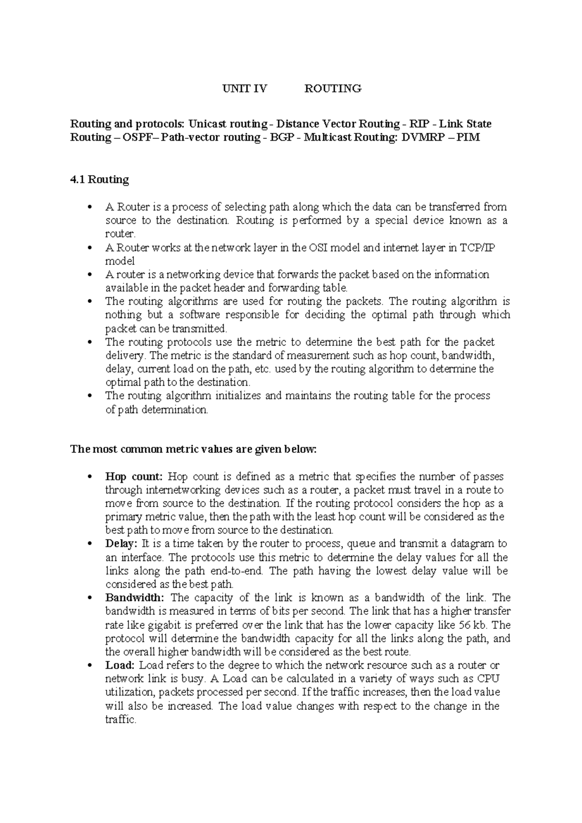 CS3591-UNIT 4 - NOTES - UNIT IV ROUTING Routing and protocols: Unicast ...