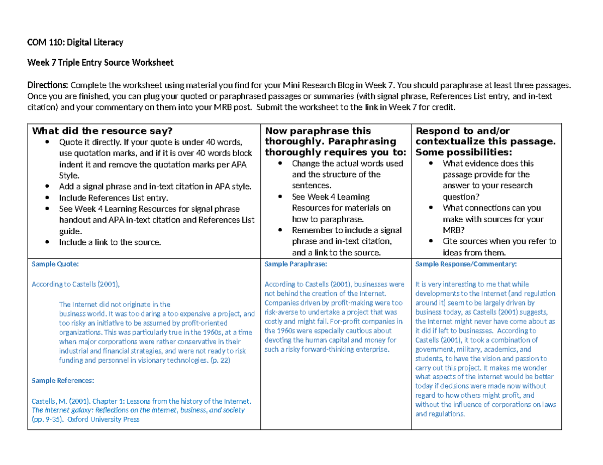 LSA W7 Triple Entry Worksheet 09172023 - COM 110: Digital Literacy Week ...