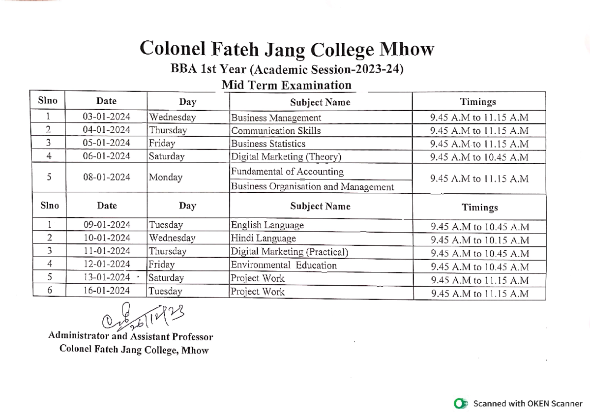 BBA First Year-Mid-term-1 Examination Date Sheet - Business Management ...