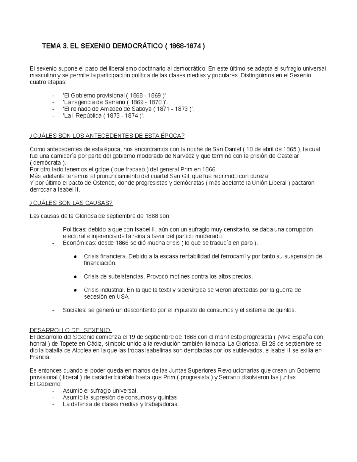 TEMA 3. EL Sexenio Democrático - TEMA 3. EL SEXENIO DEMOCRÁTICO ( 1868-1874 ) El sexenio supone ...