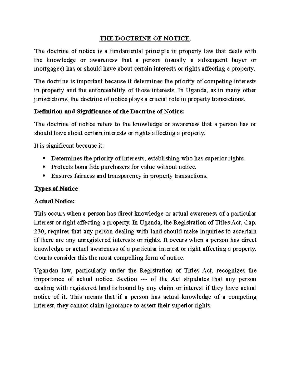 THE Doctrine OF Notice - THE DOCTRINE OF NOTICE. The doctrine of notice is a fundamental ...