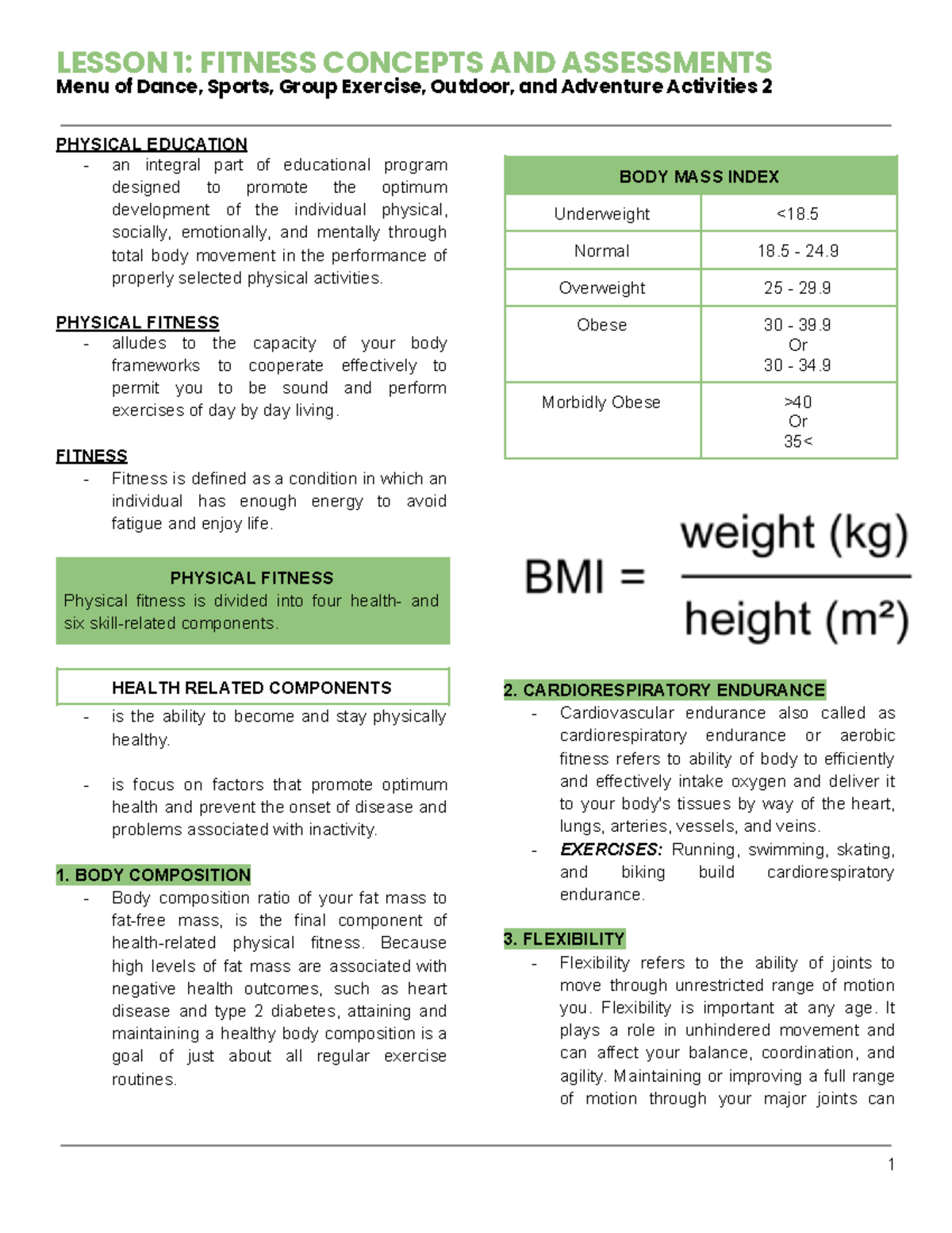 L1 Fitness Concepts AND Assessments - LESSON 1: FITNESS CONCEPTS AND ASSESSMENTS Menu of Dance ...