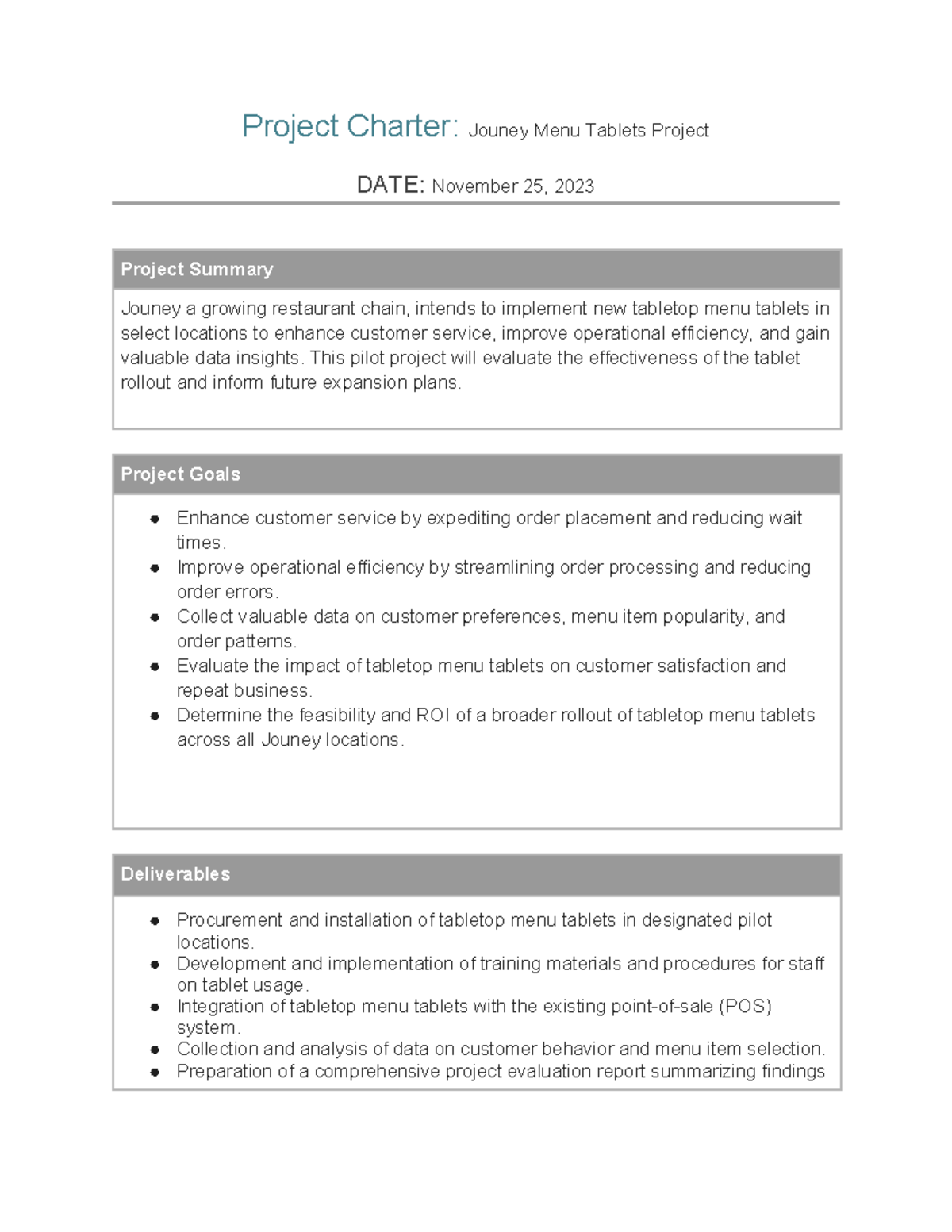 Activity Template Project Charter - Project Charter: Jouney Menu ...