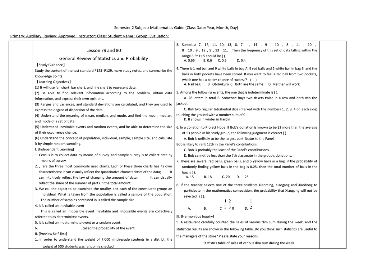 General Review of Statistics and Probability - Semester 2 Subject ...