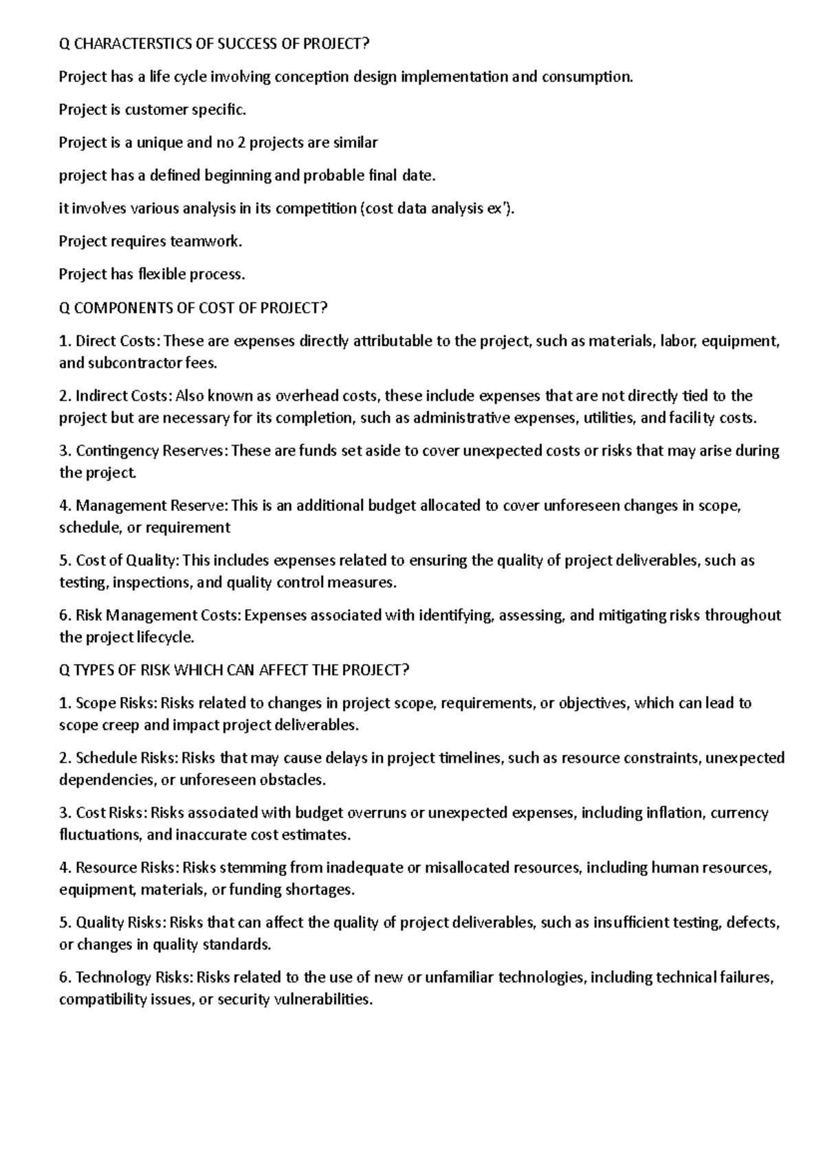 project management bba - Q CHARACTERSTICS OF SUCCESS OF PROJECT ...