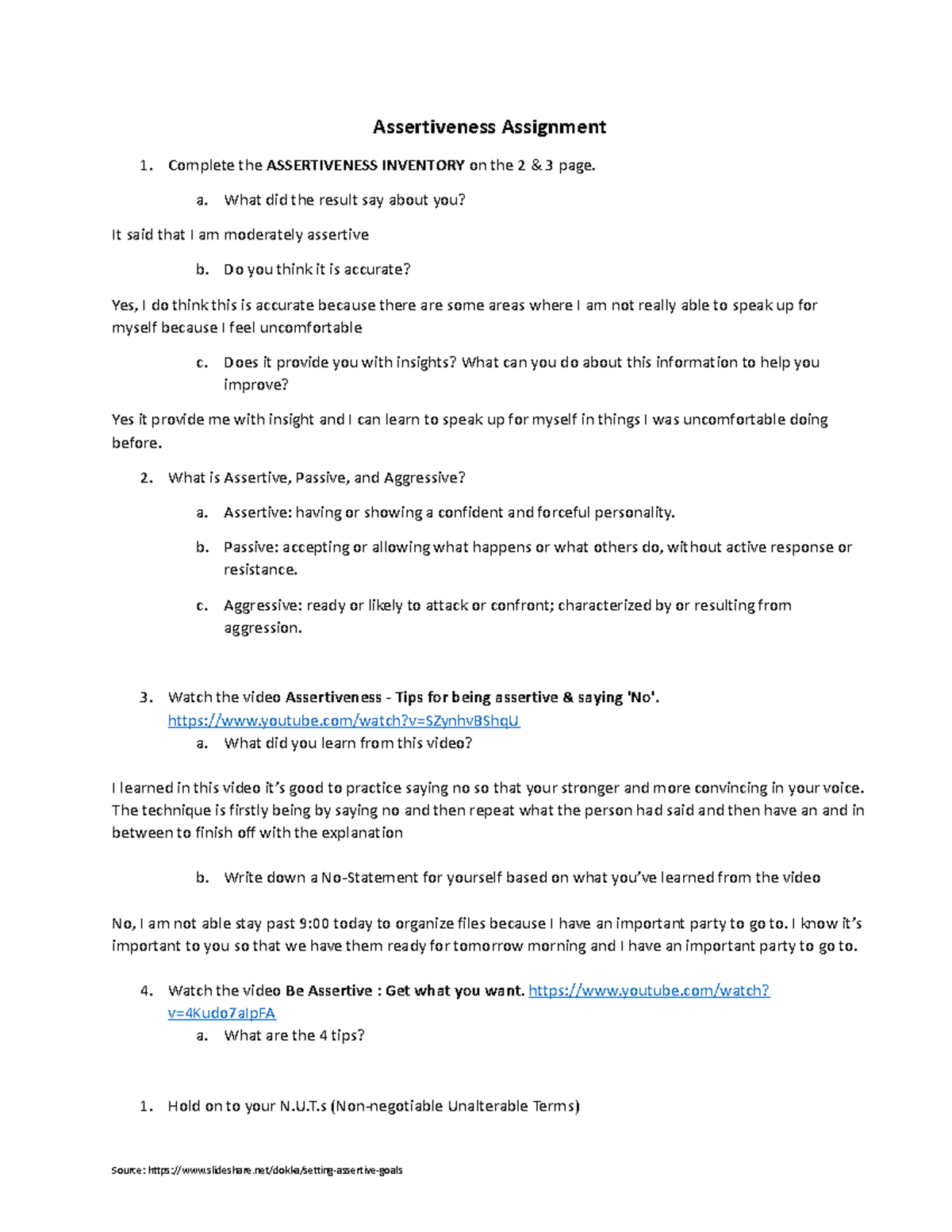 20. Assertiveness Assignment - Assertiveness Assignment Complete the ...
